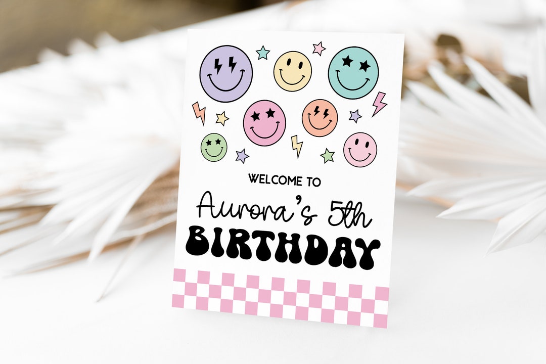 Smiley Face Birthday Party Sign, Pink Smiley Face Welcome Sign, Pastel ...
