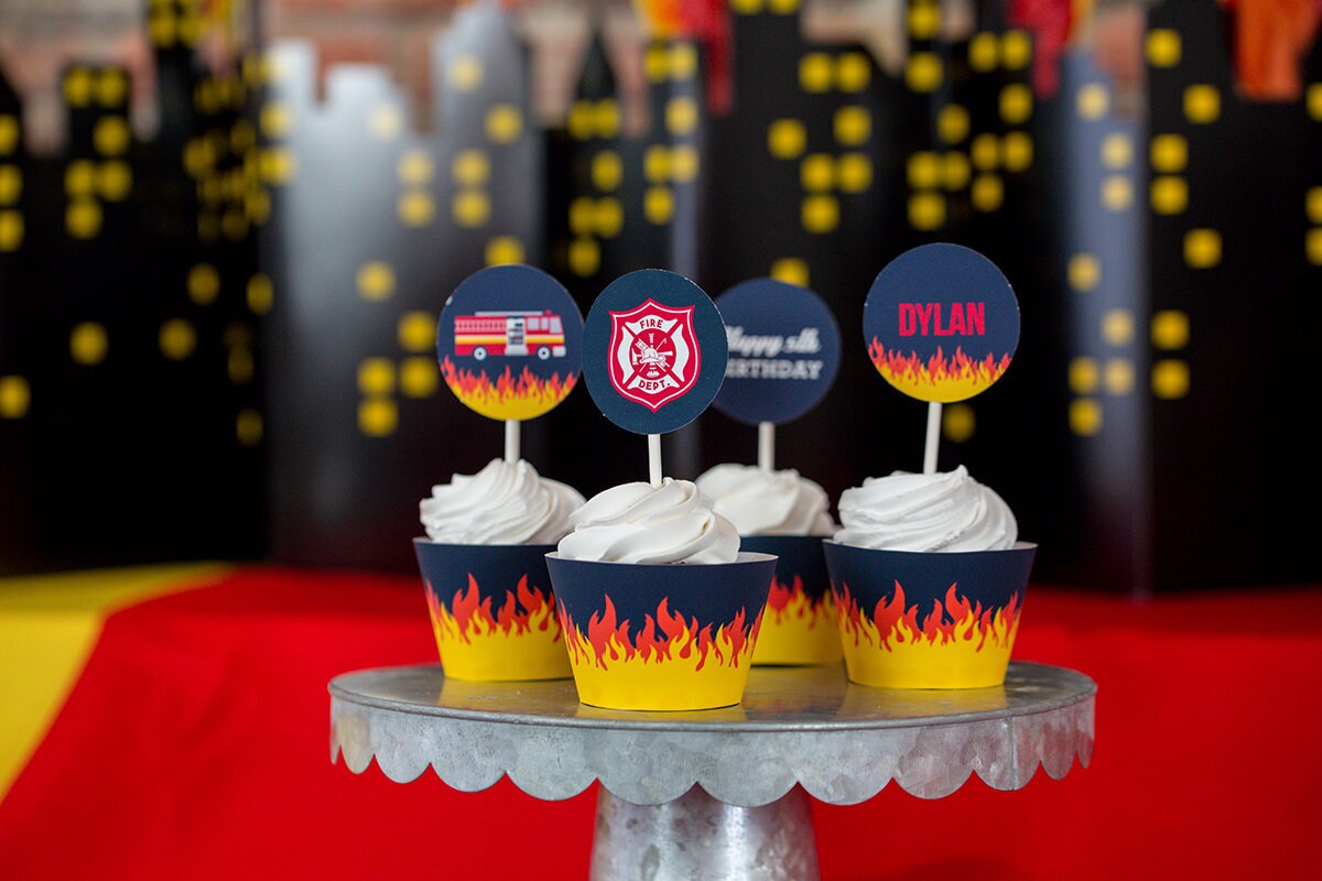 Fireman Cupcake Toppers and Cupcake Wrapper Firefighter | Etsy