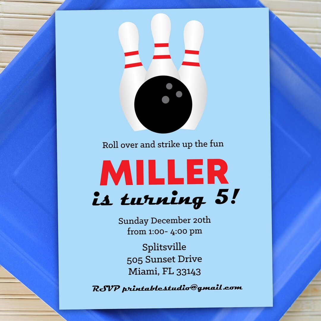 Bowling Birthday Invitation, Blue Bowling Invitation, Printable Bowling ...