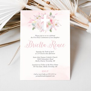 Pink First Holy Communion Invitation Template, Pink Watercolor ...