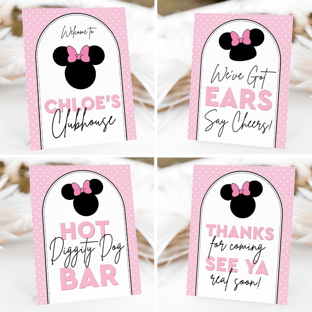 Editable Minnie Party Signs in Light Pink Modern Minnie Mouse Party ...