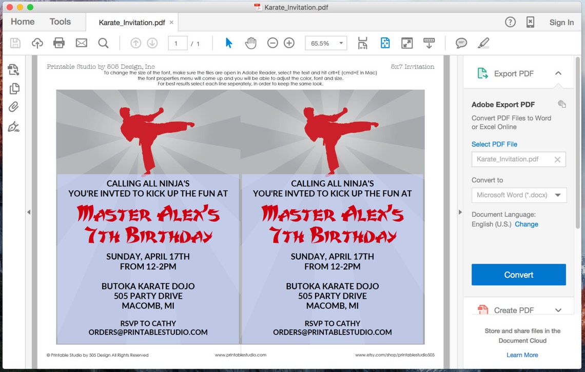 Karate Party Invitation INSTANT DOWNLOAD Printable Ninja - Etsy