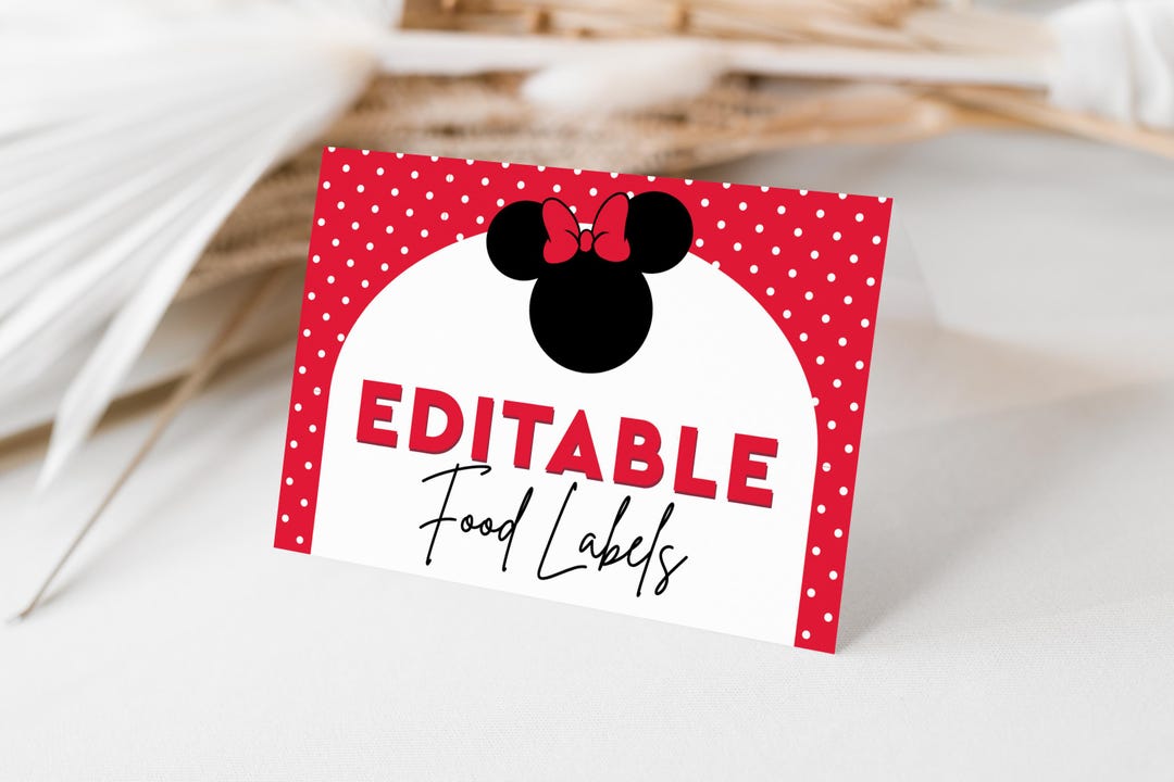 Editable Red Minnie Food Labels, Modern Minnie Mouse Party Labels, Red ...