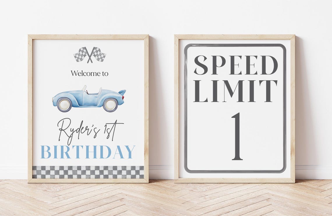 Race Car Birthday Sign Bundle in Blue, Fast 1 Racing Birthday Party ...