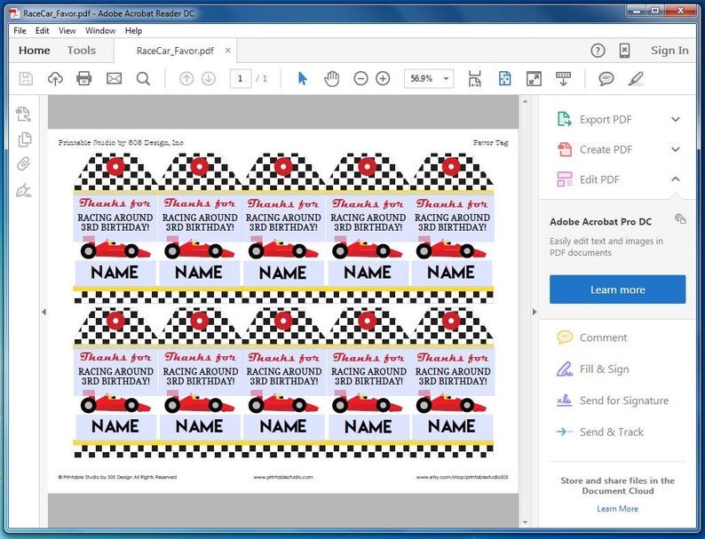 Race Car Favor Tag Printable Racing Party Favor Tags by - Etsy