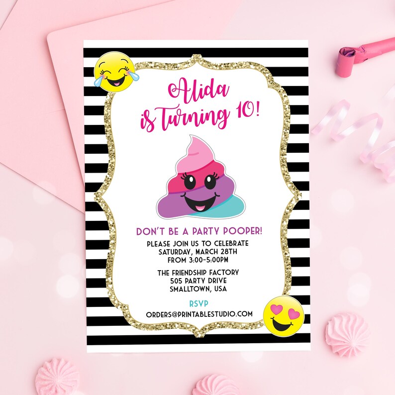 Invitación de cumpleaños con emoji de caca rosa, temática de ...