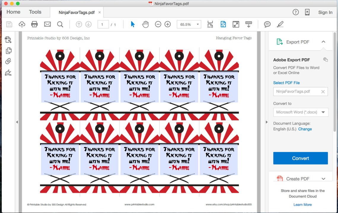 Ninja Favor Tags Printable Karate Party Favor Tags by - Etsy