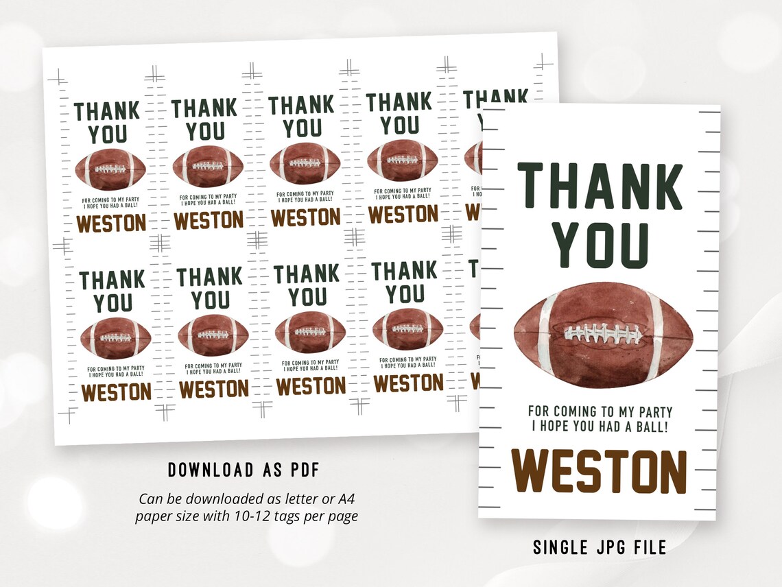Football Thank You Tag Printable Football Party Favor Tags Instant ...