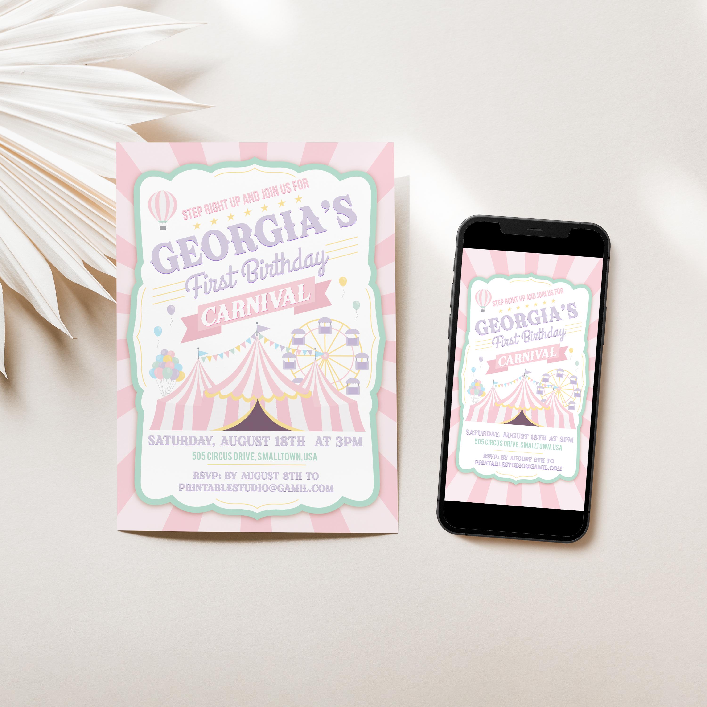 Editable Pastel Carnival Invitation, Carnival Birthday Party Invitation ...
