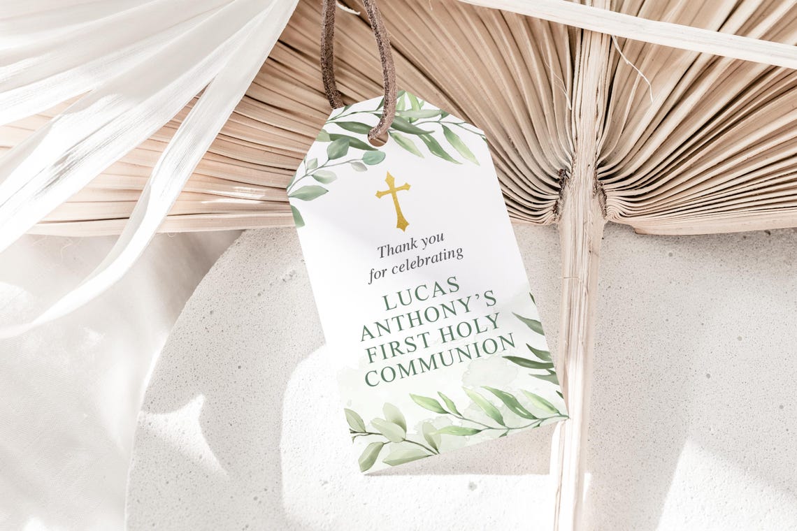 Editable First Communion Favor Tags, Green Eucalyptus Favors (digital ...