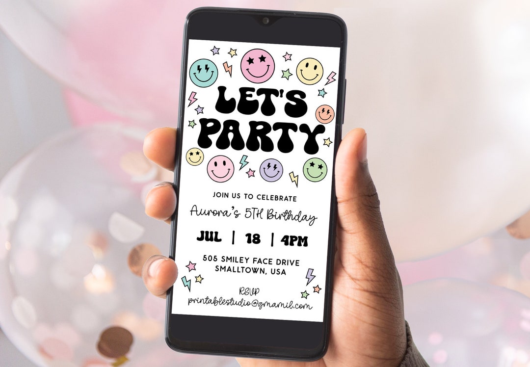 Editable Smiley Face Invitation Let's Party Smiley Face Birthday Phone ...