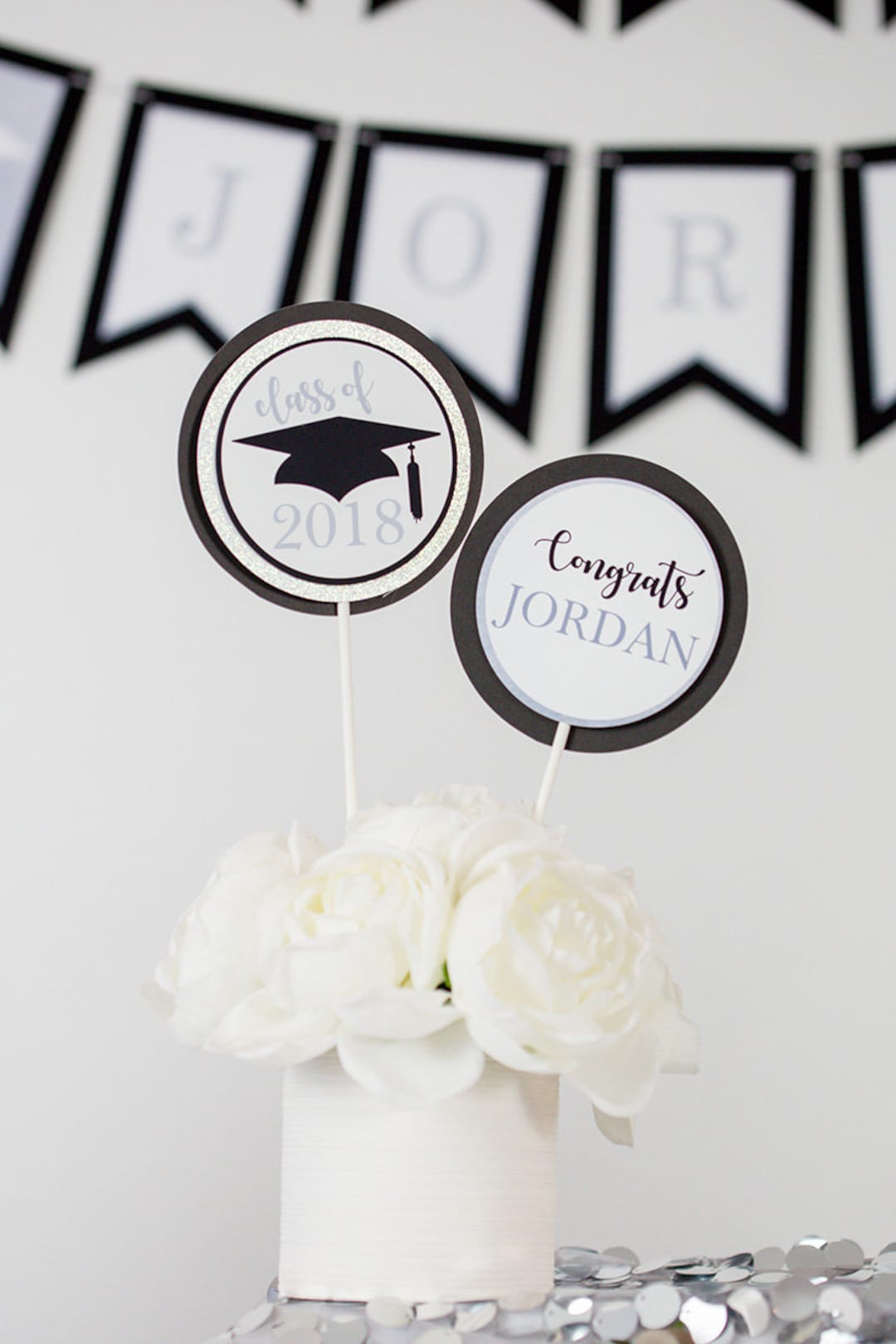 Graduation Party Centerpiece in Black Silver - Instant Download ...