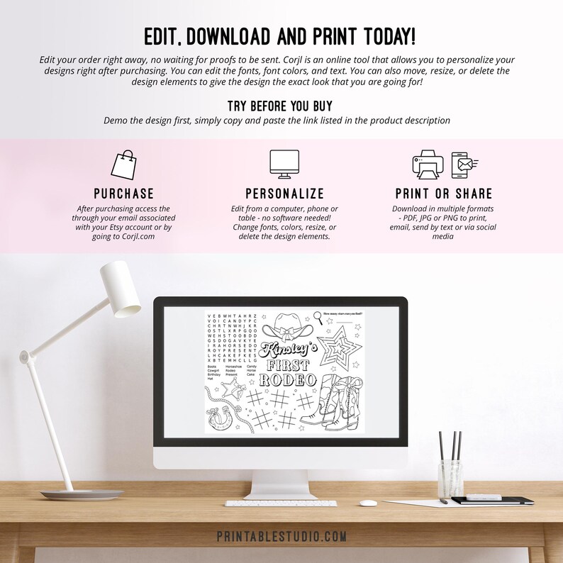 Cowgirl First Rodeo Coloring Placemat: Printable Party Activity (PDF ...