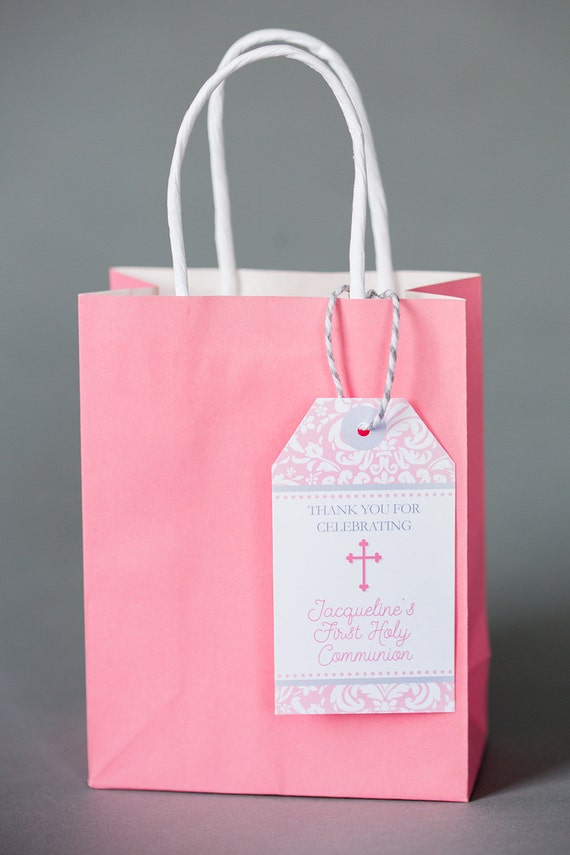 First Communion Favor Tags in Pink Damask Print - First Holy Communion ...