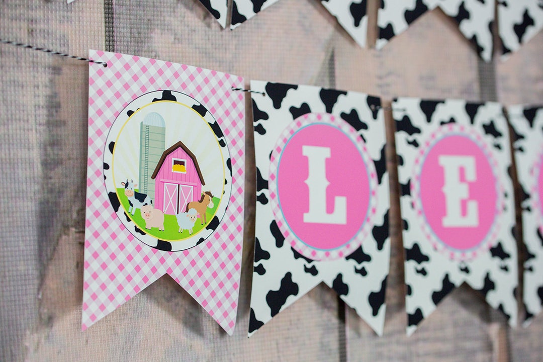 Farm Birthday Banner in Pink, Printable Farm Birthday Party Banner ...