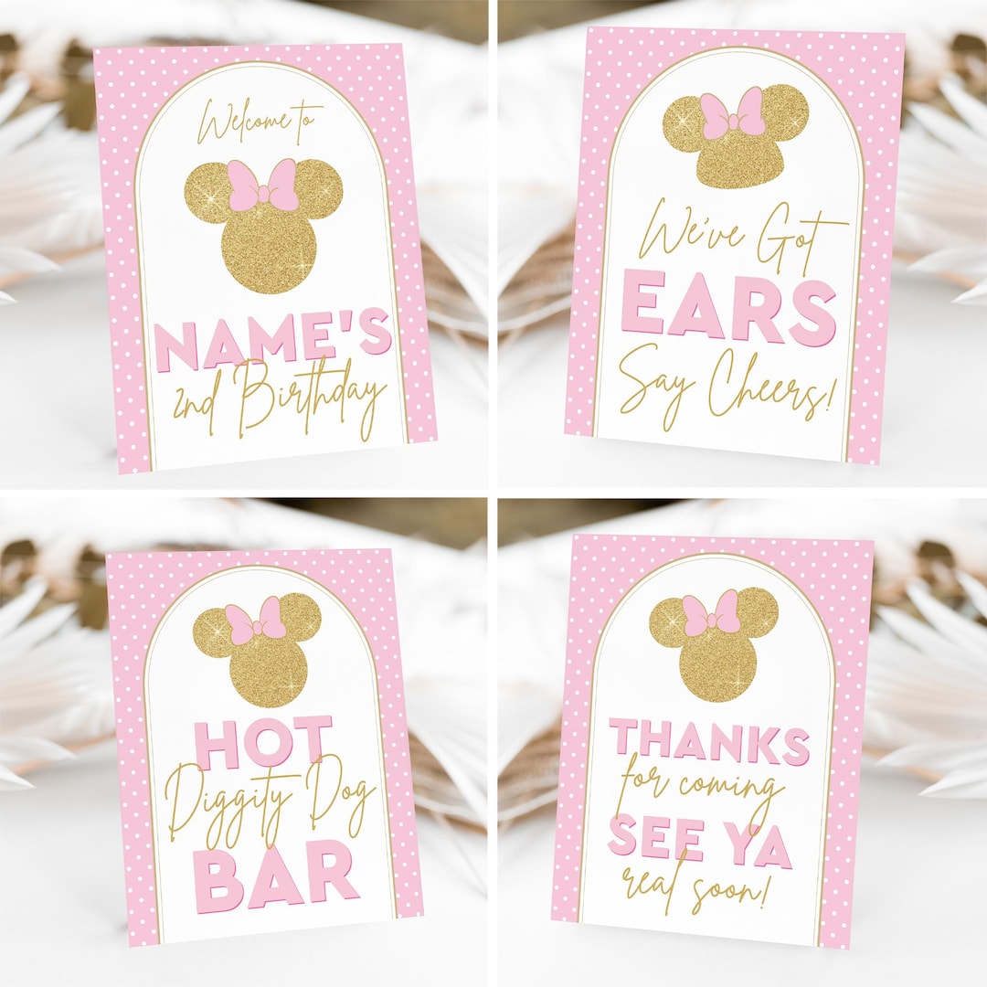 Editable Minnie Party Signs in Pink Gold Minnie Mouse Party Signs ...