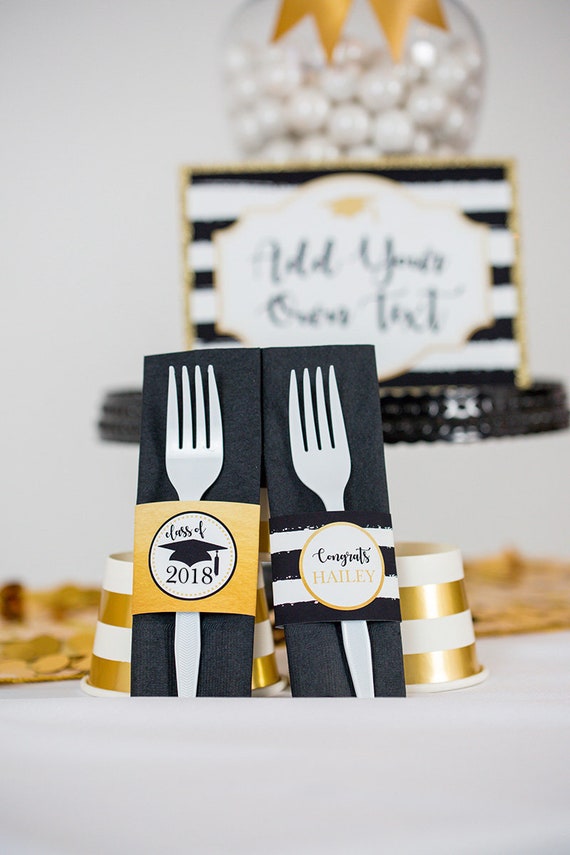 Graduation Silverware Wrapper in Gold Black - Graduation Napkin Ring in ...
