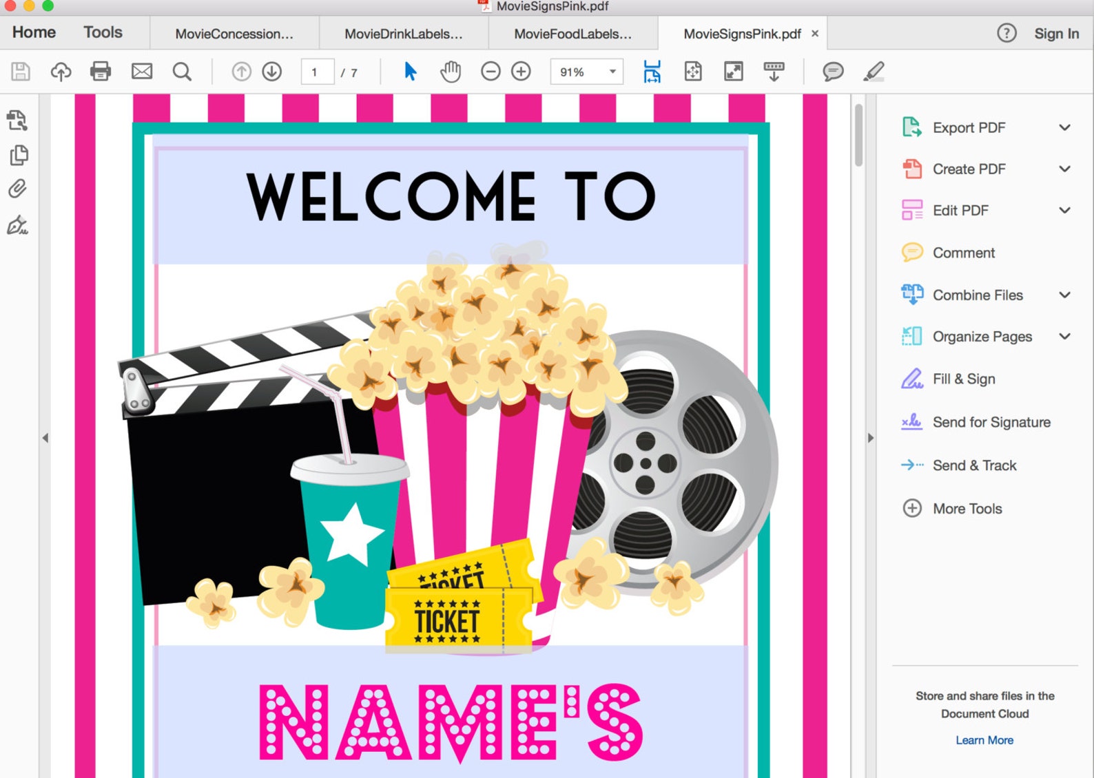 Movie Party Signs Instant Download Pink Movie Party Signs - Etsy