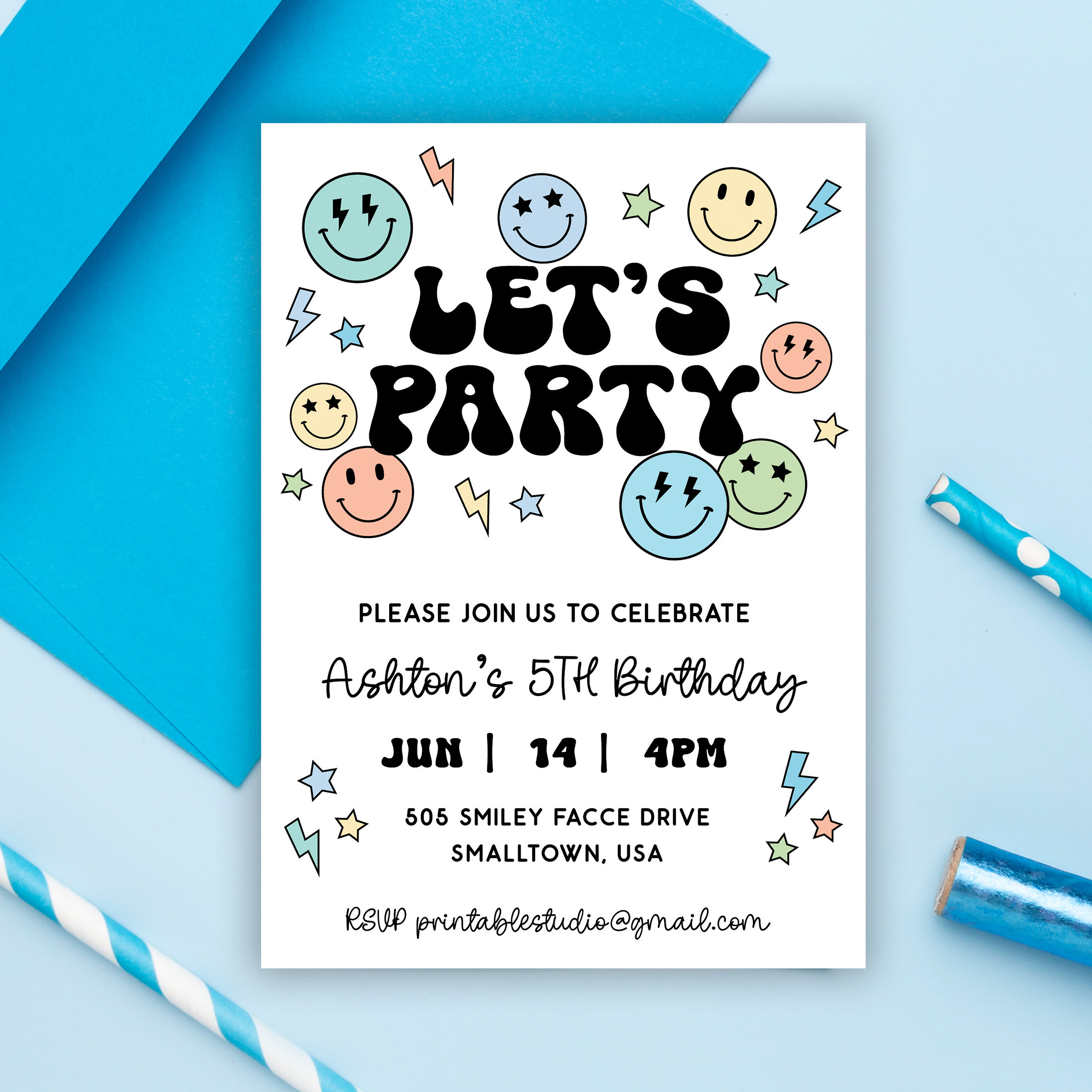 Etsy Invitation Boy Emoji Editable Smiley Invitation In Blue Let's