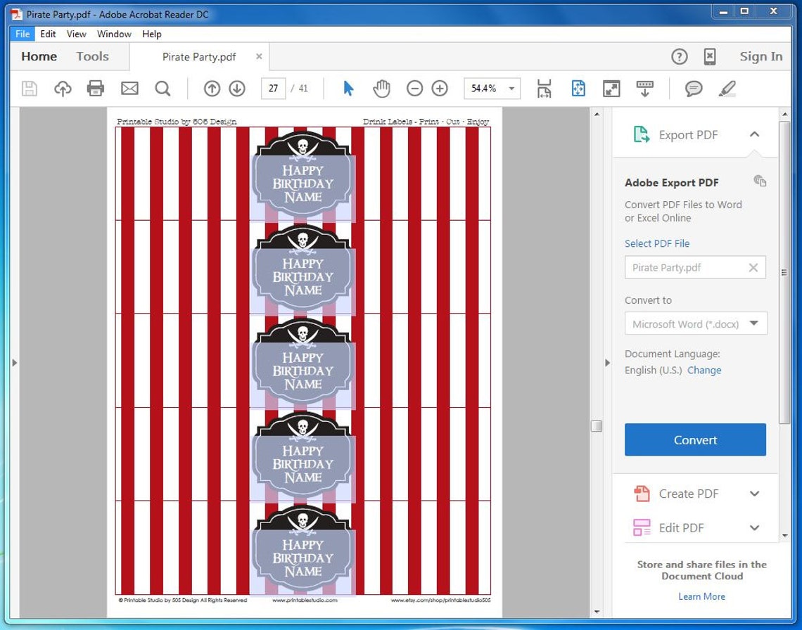 Pirate Party Labels Printable Pirate Water Labels by - Etsy