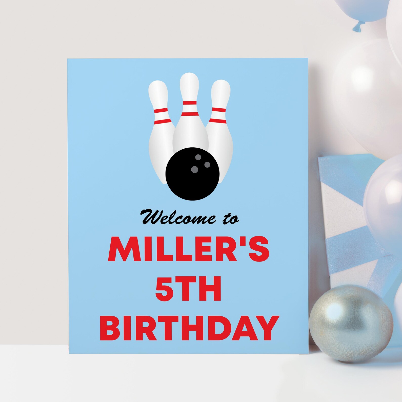 Bowling Party Welcome Sign in Blue, Printable Bowling Birthday Welcome ...