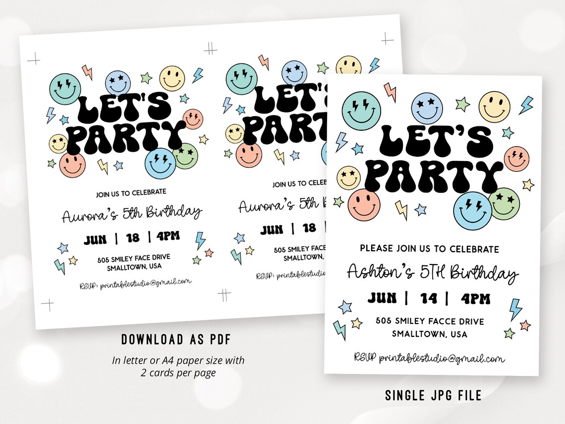Editable Smiley Invitation in Blue Let's Party Smiley Face Birthday ...