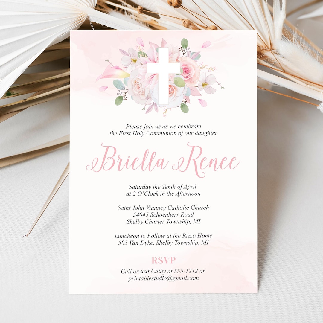 Pink First Holy Communion Invitation Template, Pink Watercolor ...