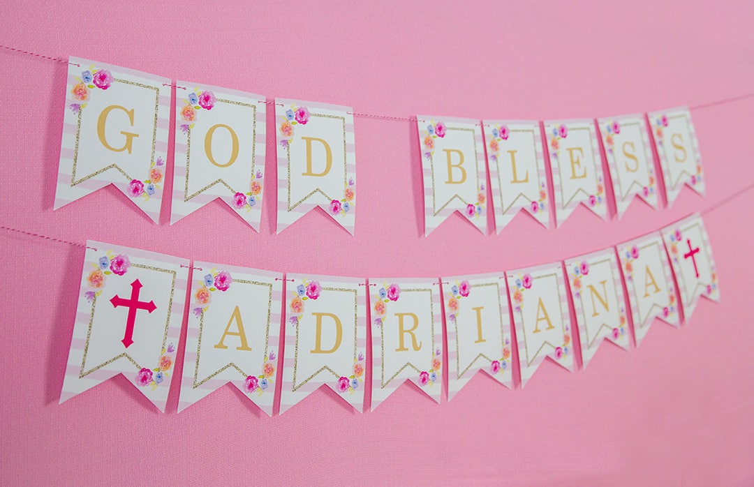 God Bless Banner With Floral Watercolor Baptism Banner Girl Printable ...
