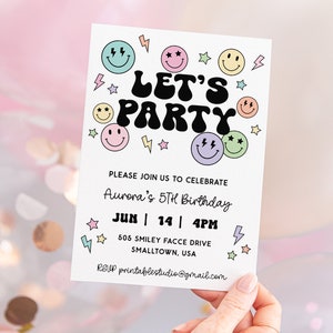 Editable Smiley Invitation Let's Party Smiley Face Birthday Invitation ...