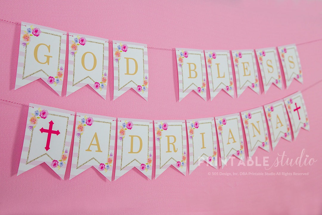 God Bless Banner Pink and Gold First Communion Banner With Floral ...