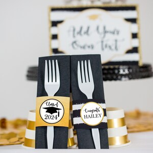 Editable Graduation Napkin Wrapper in Gold Black, Graduation Silverware ...