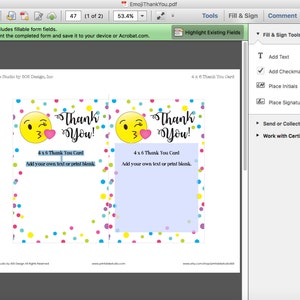 Emoji Thank You Card INSTANT DOWNLOAD Printable Emoji Thank You Card ...