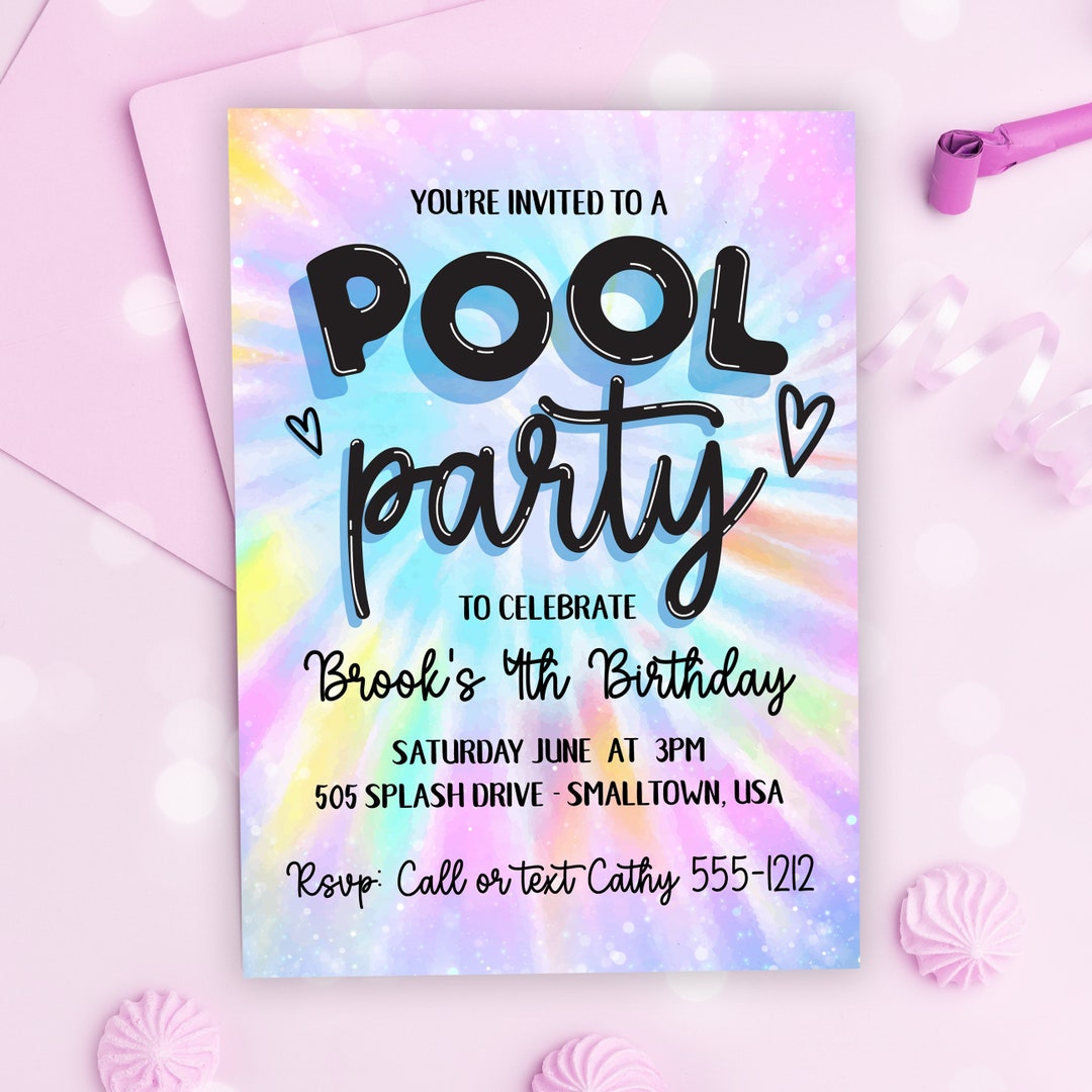 Editable Pool Party Invitation, Tie Dye Pool Party Printable Invitation ...