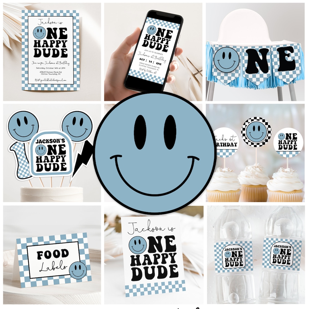 Editable ONE Happy Dude Party Decorations in Blue Round Eyes Happy Dude ...