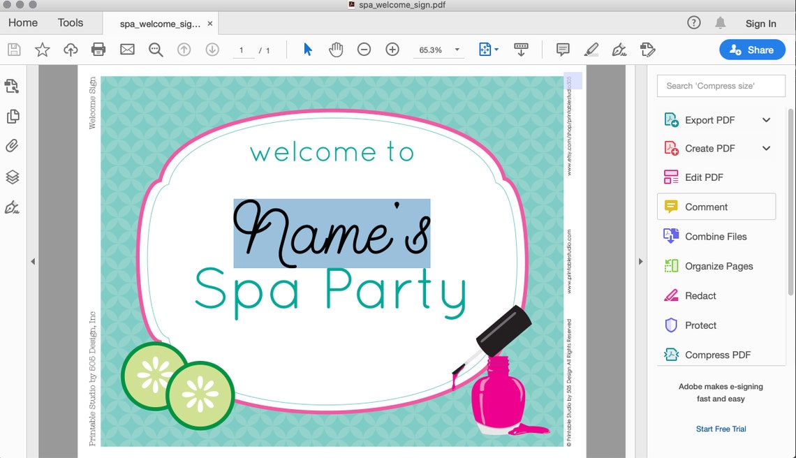 Spa Party Welcome Sign Instant Download Spa Welcome Sign - Etsy