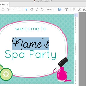 Spa Party Welcome Sign Instant Download Spa Welcome Sign - Etsy