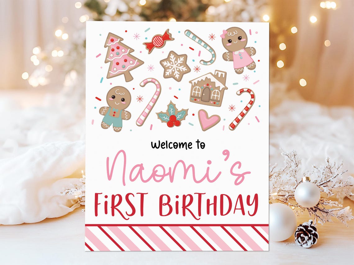 Editable Christmas Cookie Birthday Party Sign, Pink Christmas Cookie ...