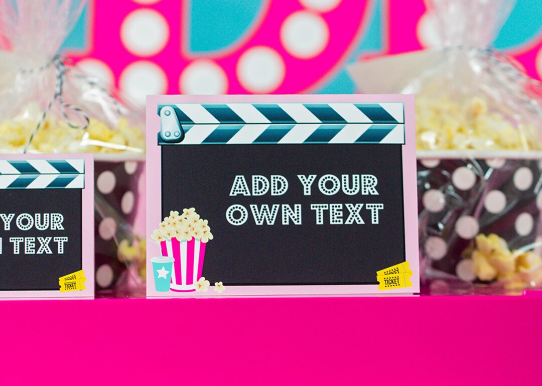 Movie Party Food Labels in Pink, Movie Night Buffet Table Signs, Movie ...