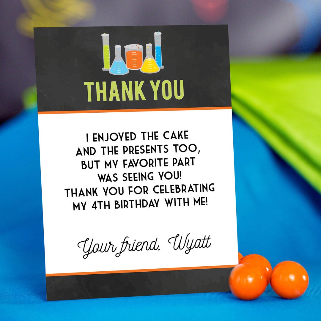 Science Birthday Thank You Card in Blue - Printable Science Thank You ...