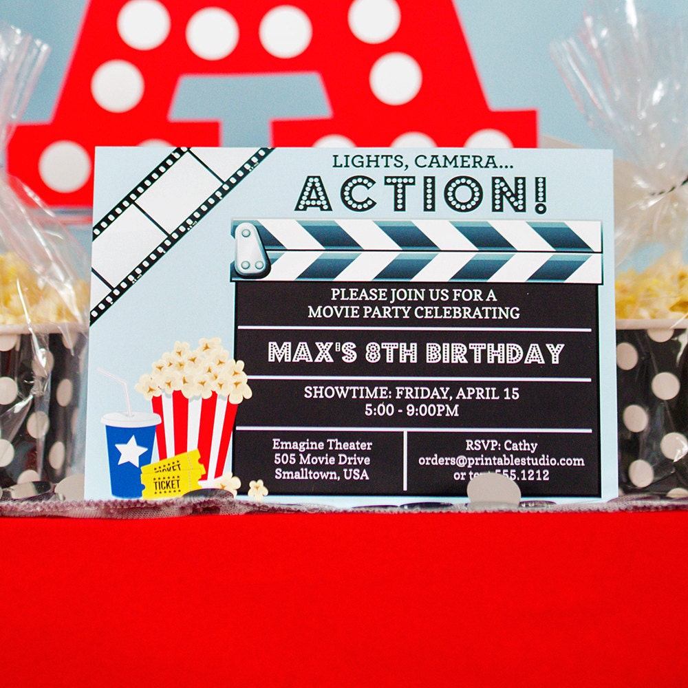 Movie Invitation Movie Night Invitation in Blue Printable | Etsy