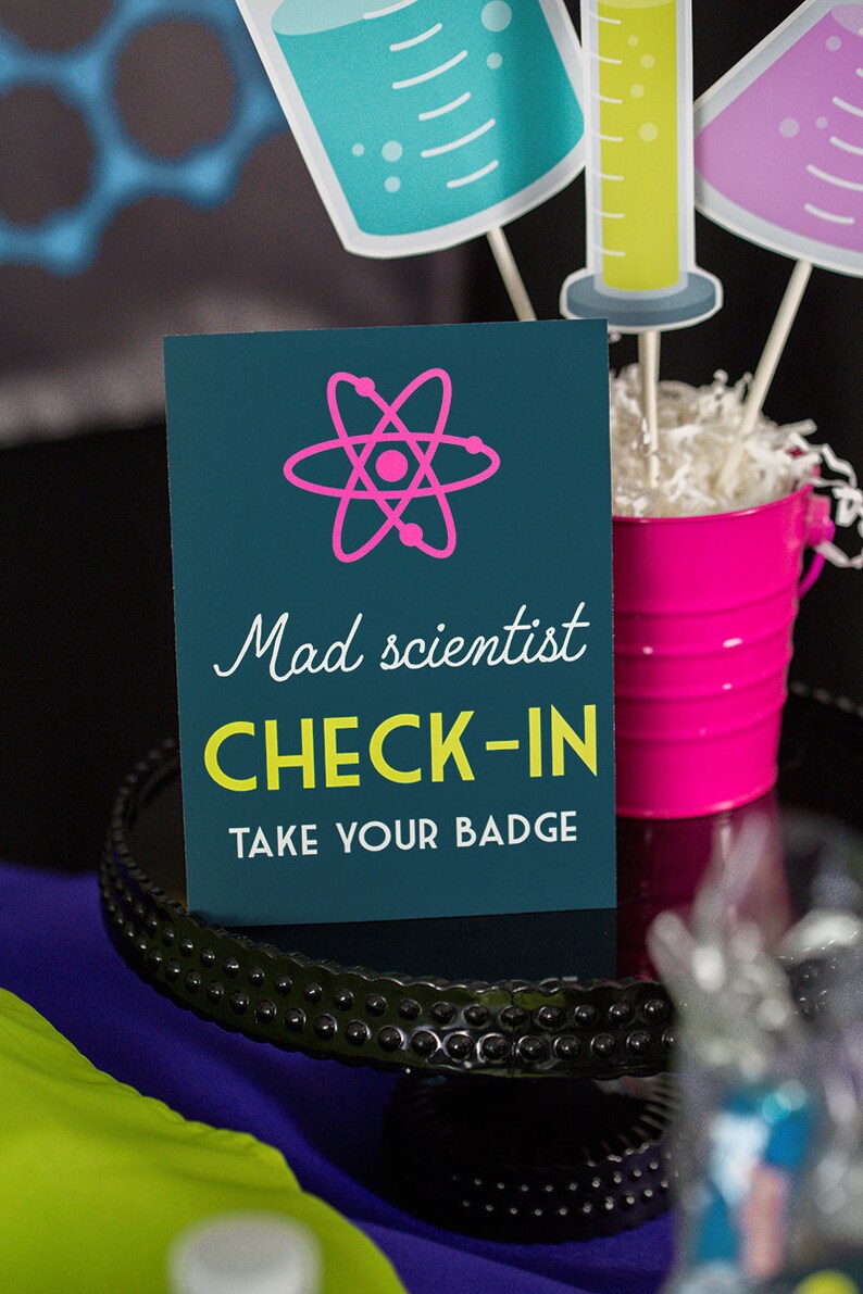 Mad Scientist Check-in Sign in Pink - Printable Science Party Sign ...