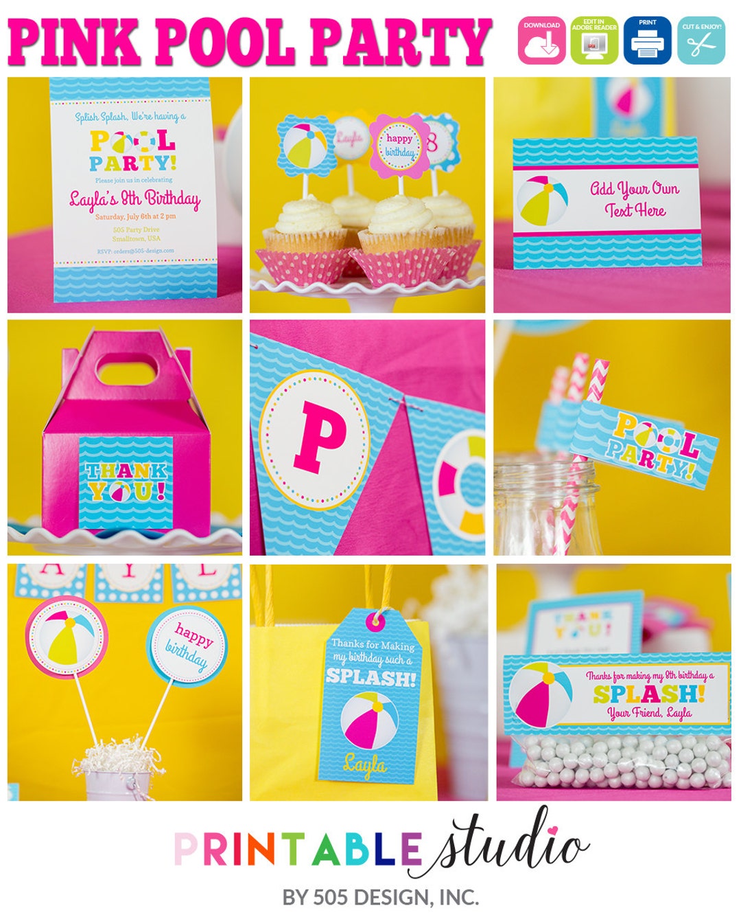 Pool Party Decorations in Pink INSTANT DOWNLOAD Pool Party Birthday ...