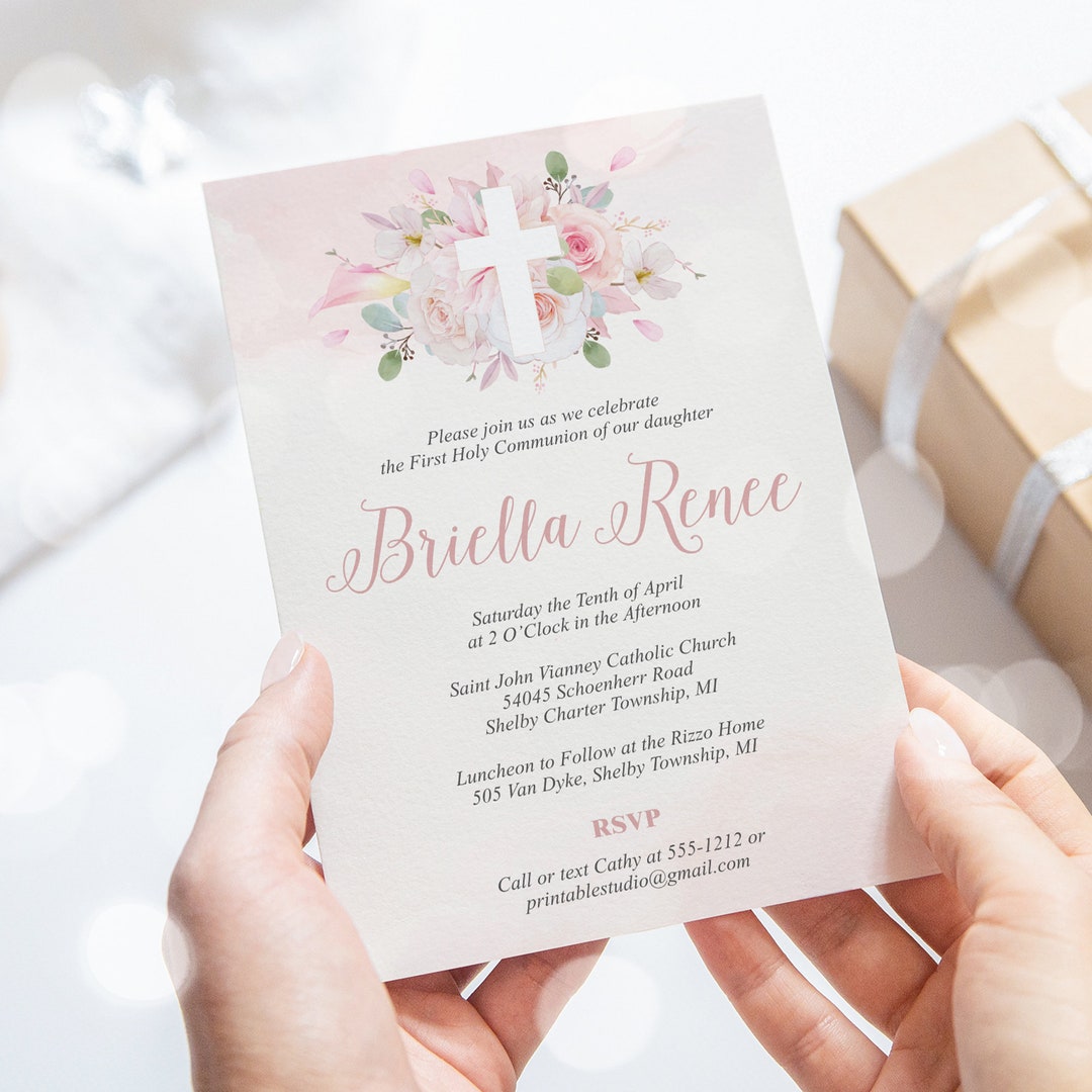 Pink First Holy Communion Invitation Template, Pink Watercolor ...