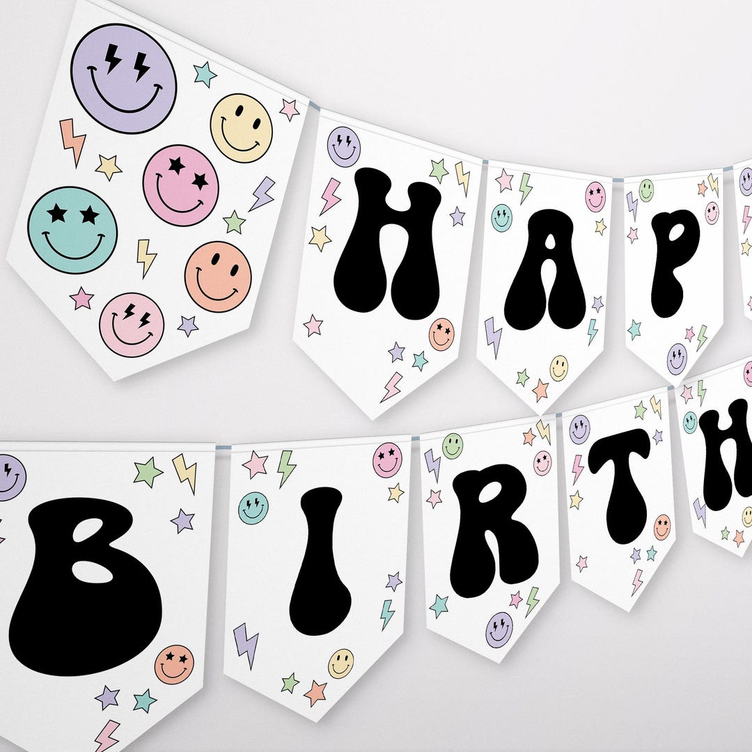 Pastel Smiley Face Birthday Banner: Printable Party Decor (instant ...