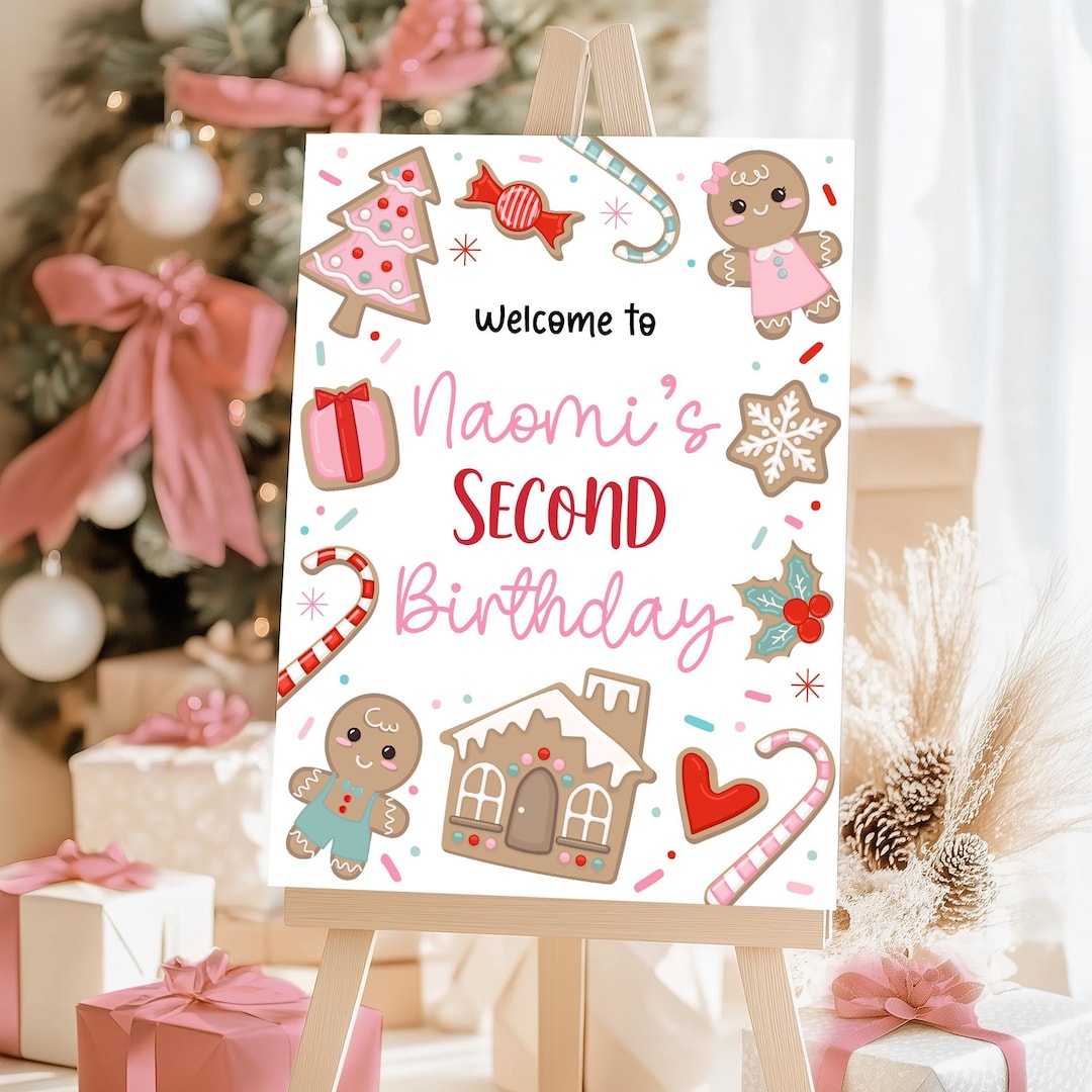 Editable Christmas Cookie Birthday Party Sign, Pink Christmas Cookie ...