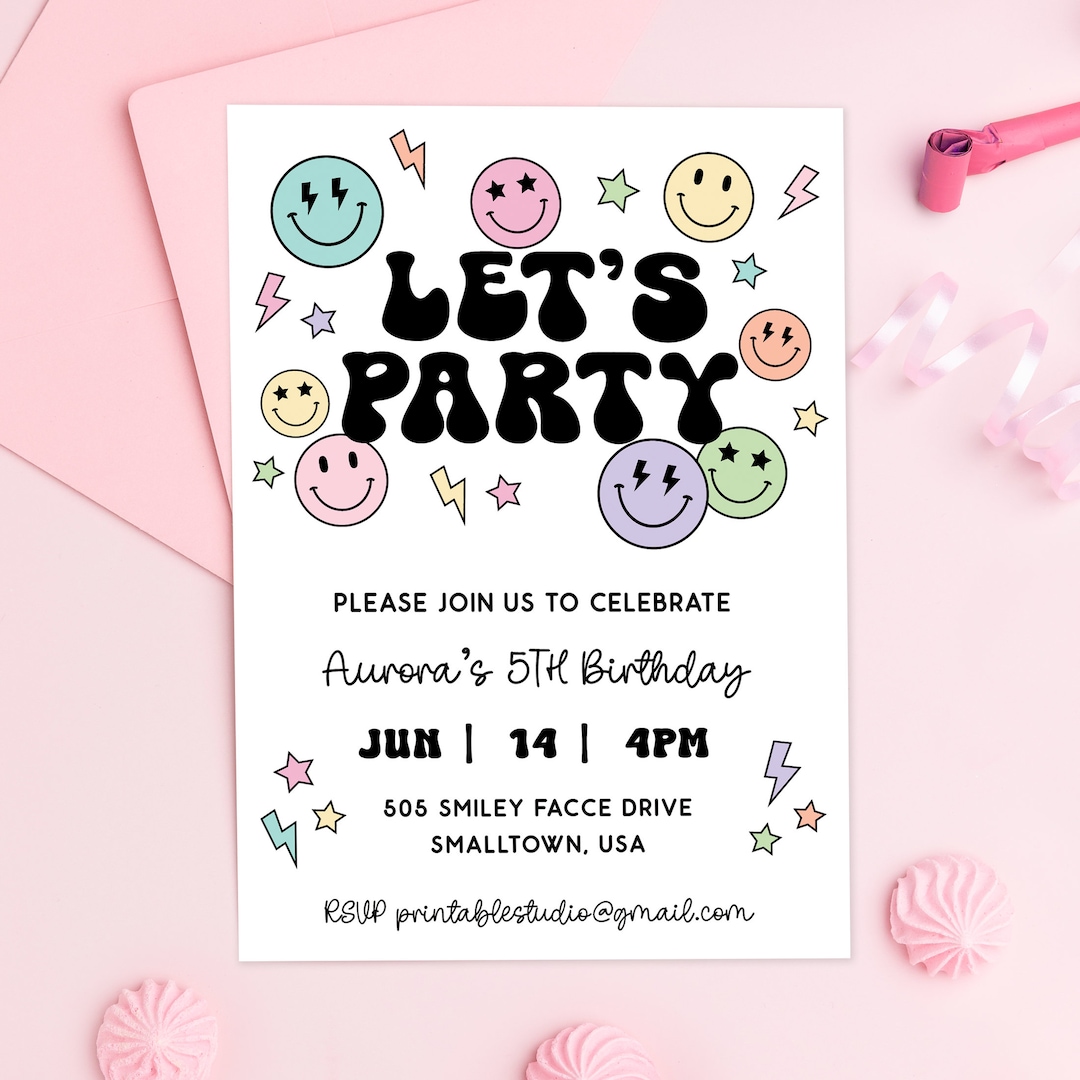 Editable Smiley Invitation Let's Party Smiley Face Birthday Invitation ...