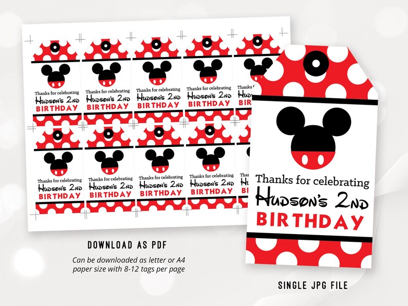 Mickey Mouse Favor Tags - Printable Red Mickey Mouse Party Favor Tags ...