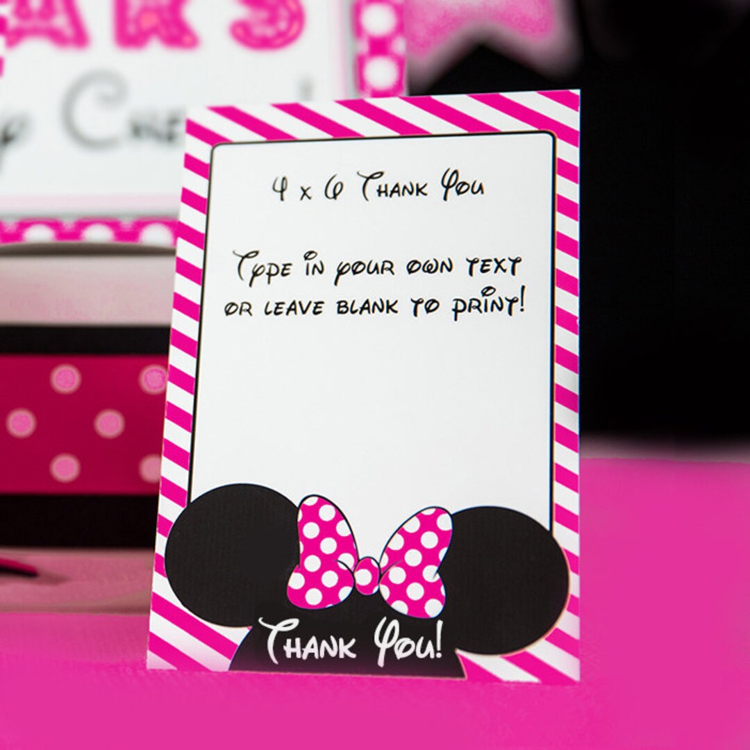Hot Pink Minnie Mouse Thank You Card INSTANT DOWNLOAD - Printable Hot ...