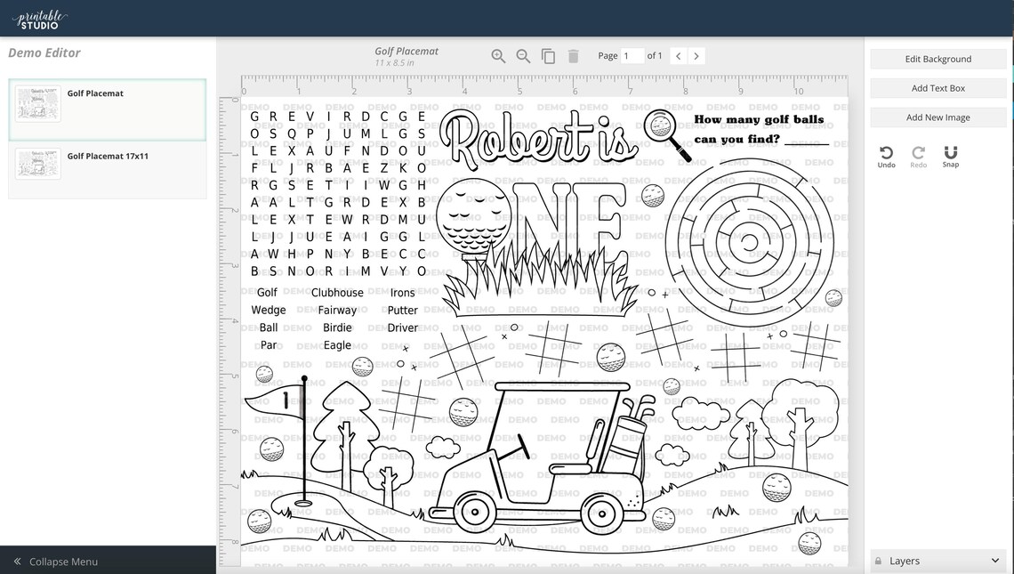 Editable Golf Placemat, Golf Coloring Page, Golf Activity Page Golf ...