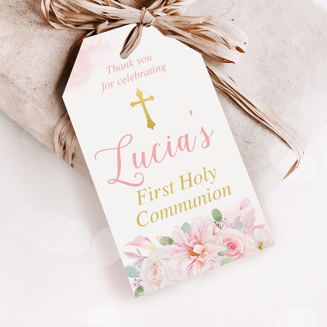 Pink Floral First Communion Favor Tags, Communion Thank You Tag ...